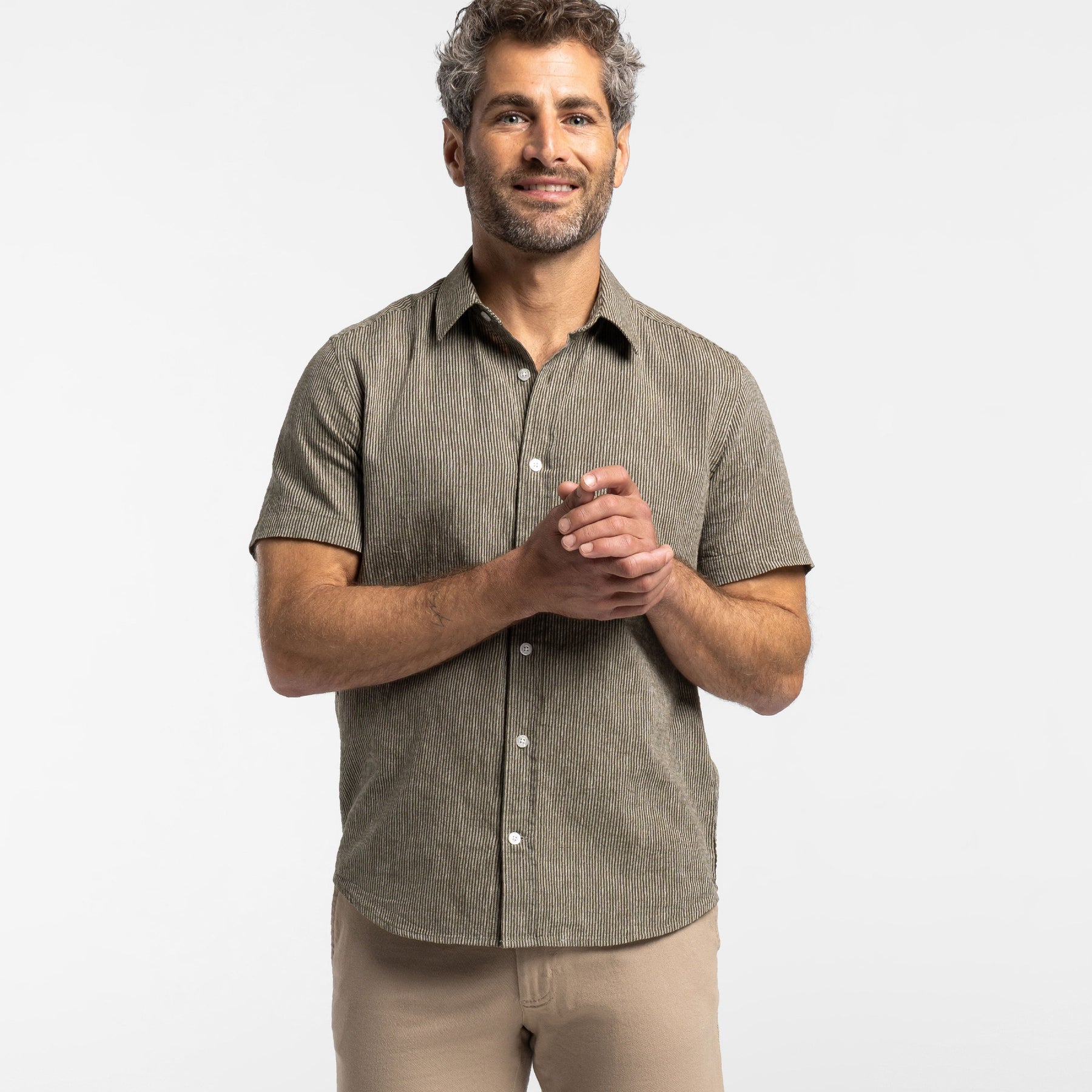Ash & Erie Olive Stripes Linen Short Sleeve Shirt for Short Men