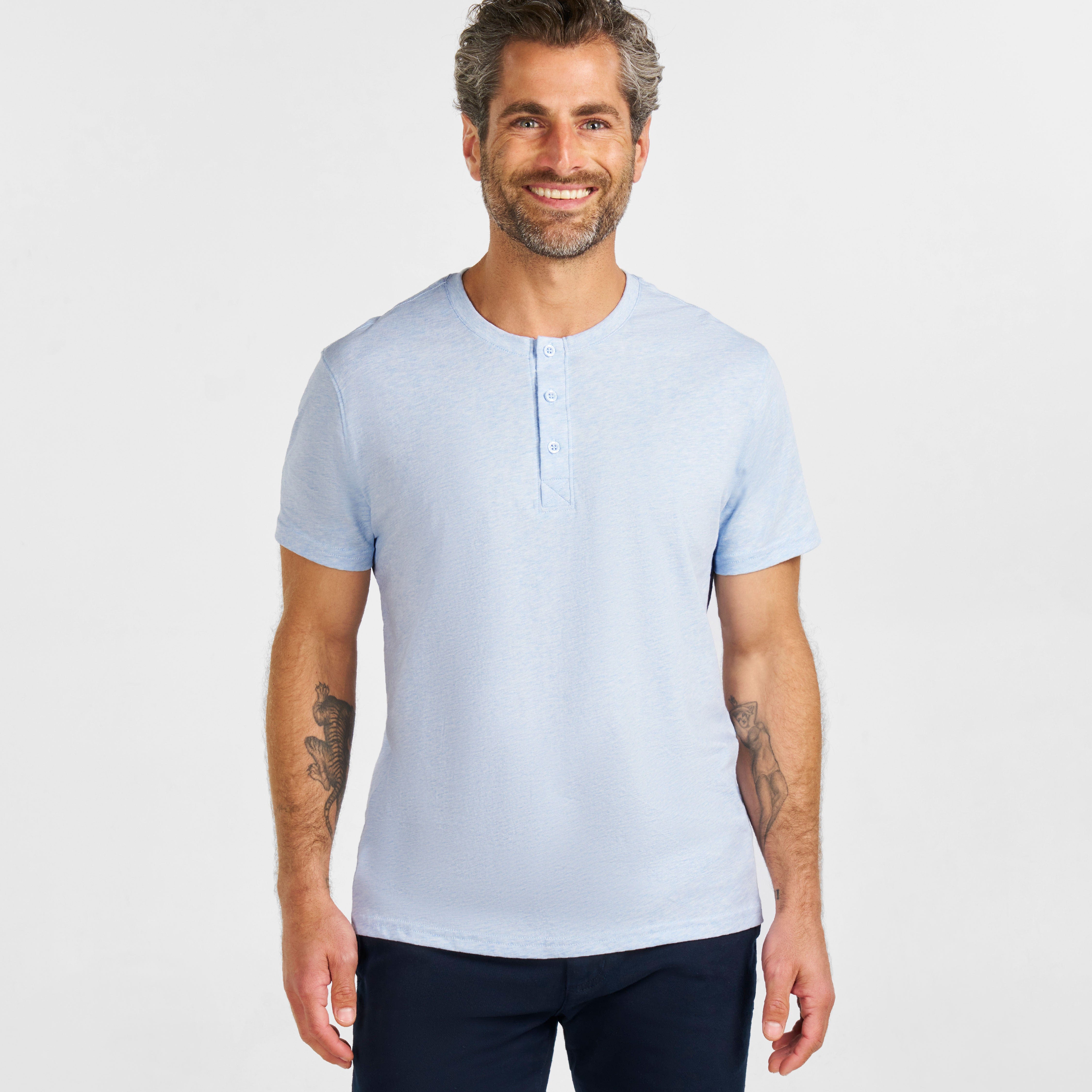 Ash & Erie Melange Light Blue Short Sleeve Henley for Short Men